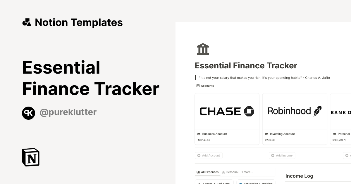 Essential Finance Tracker Template by Pure Klutter | Notion Marketplace
