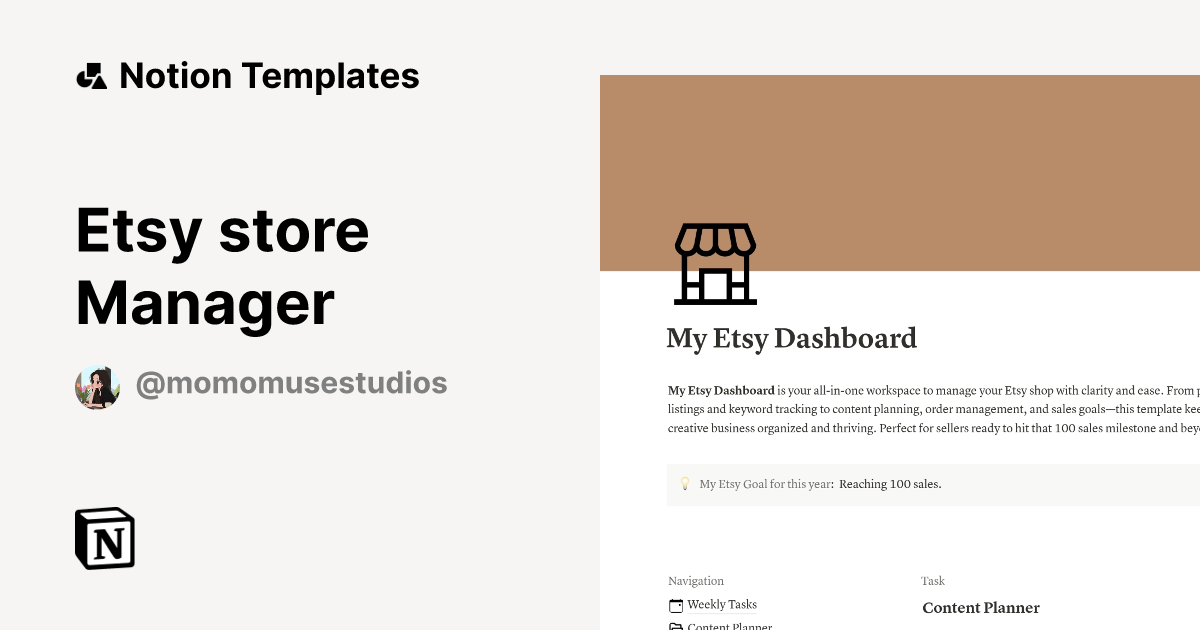 Etsy store Manager Template by momomuse studio | Notion Marketplace