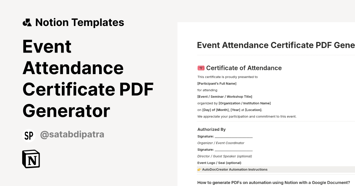Event Attendance Certificate PDF Generator Template | Notion Marketplace