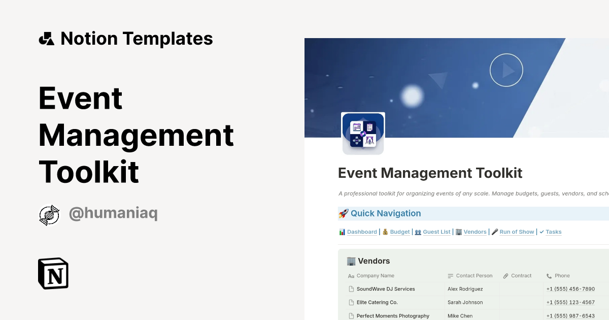 Event Management Toolkit Template by Humaniaq | Notion Marketplace