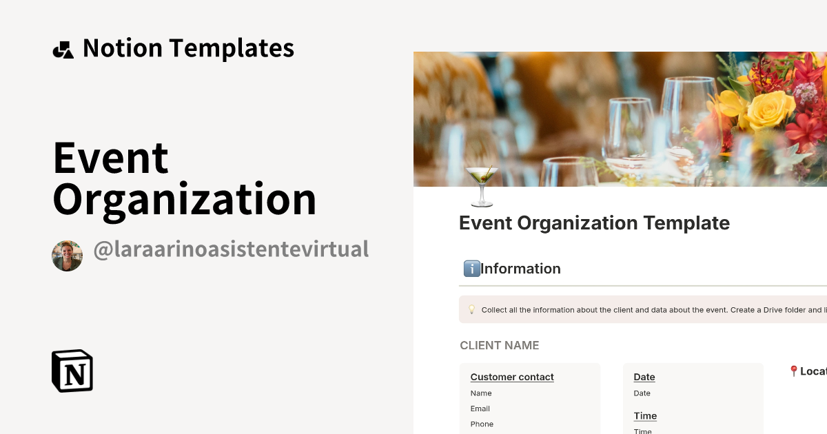 Event Organization Template by Lara Ariño Asistente Virtual | Notion ...