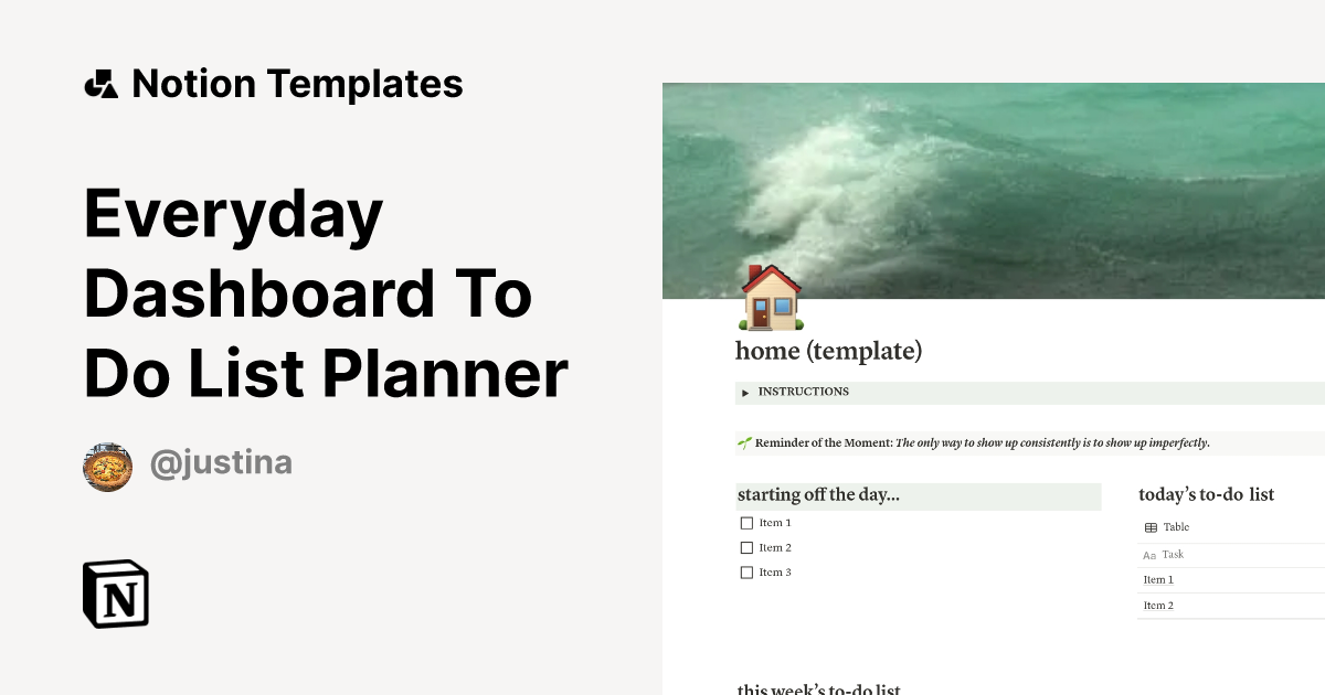 Everyday Dashboard To Do List Planner Template by Justina | Notion ...