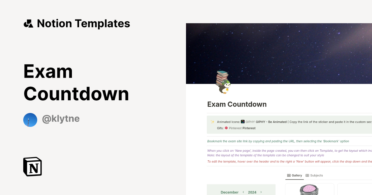 Exam Countdown Template by Kelly | Notion Marketplace