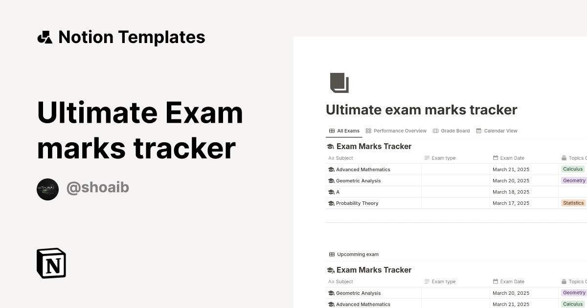 Ultimate Exam marks tracker Template by Shoaib | Notion Marketplace