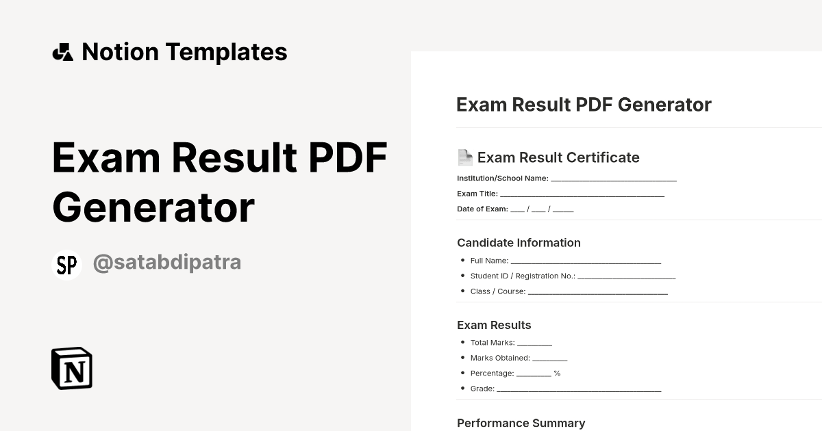 Exam Result PDF Generator Template | Notion Marketplace