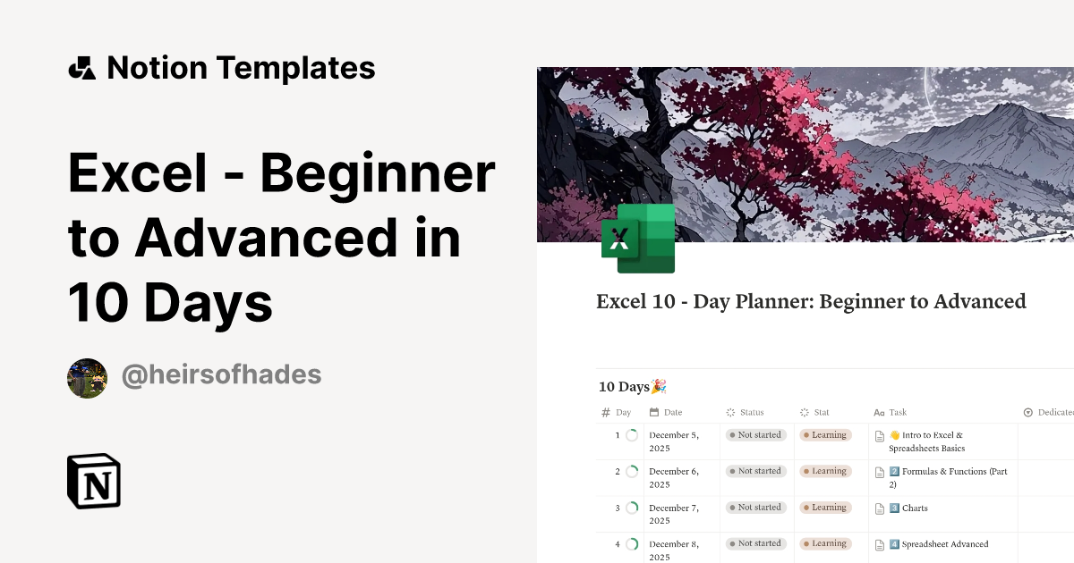 Excel - Beginner to Advanced in 10 Days Template | Notion Marketplace