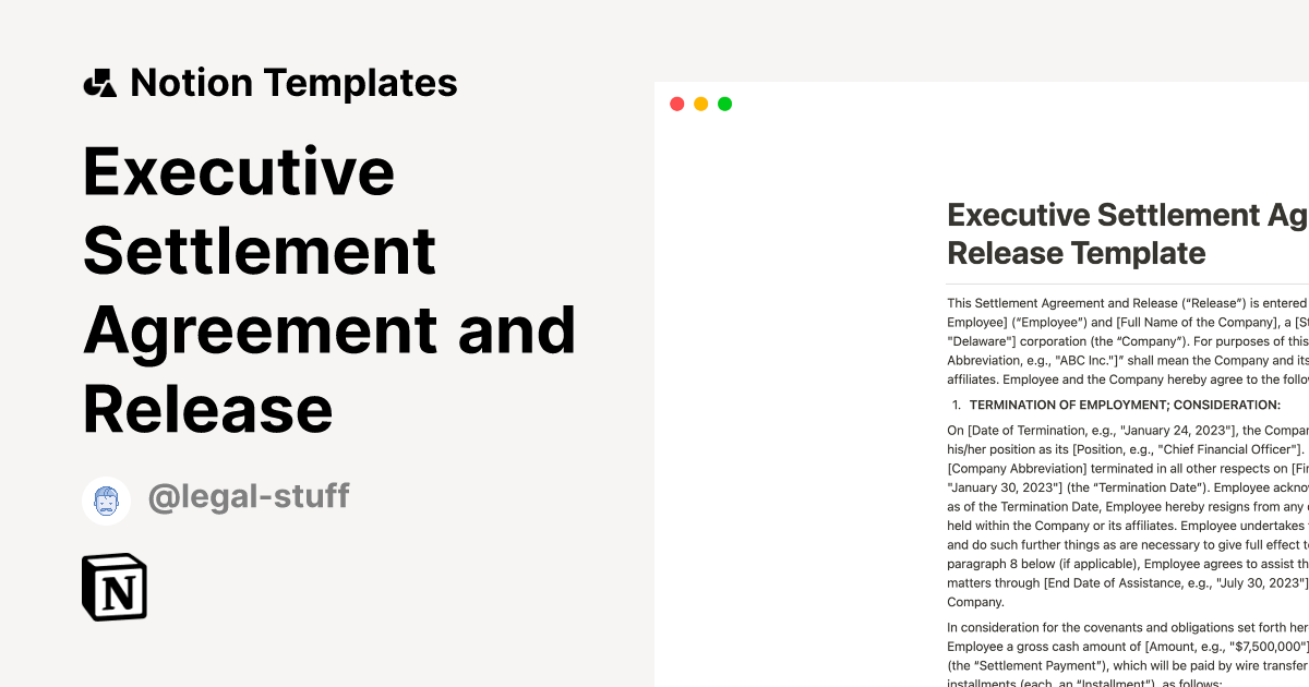 Executive Settlement Agreement and Release Template by Legal Stuff ...