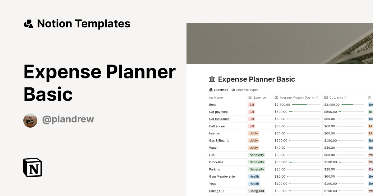 Expense Planner Basic Template by PlanDrew | Notion Marketplace