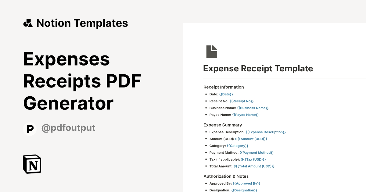 Expenses Receipts PDF Generator Template by PDFOutput | Notion Marketplace