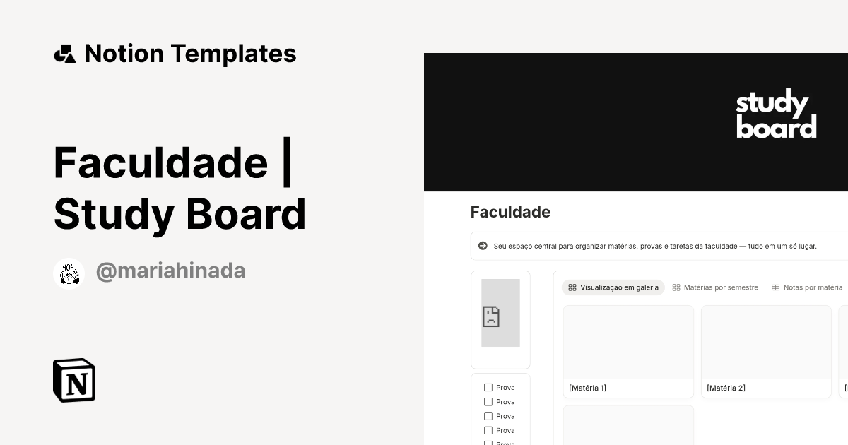 Faculdade | Study Board Template by Mariah Inada | Notion Marketplace