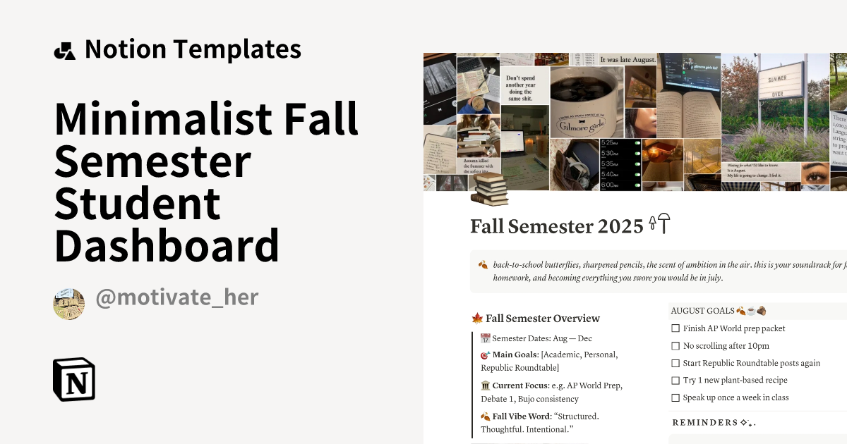 Minimalist Fall Semester Student Dashboard Template | Notion Marketplace