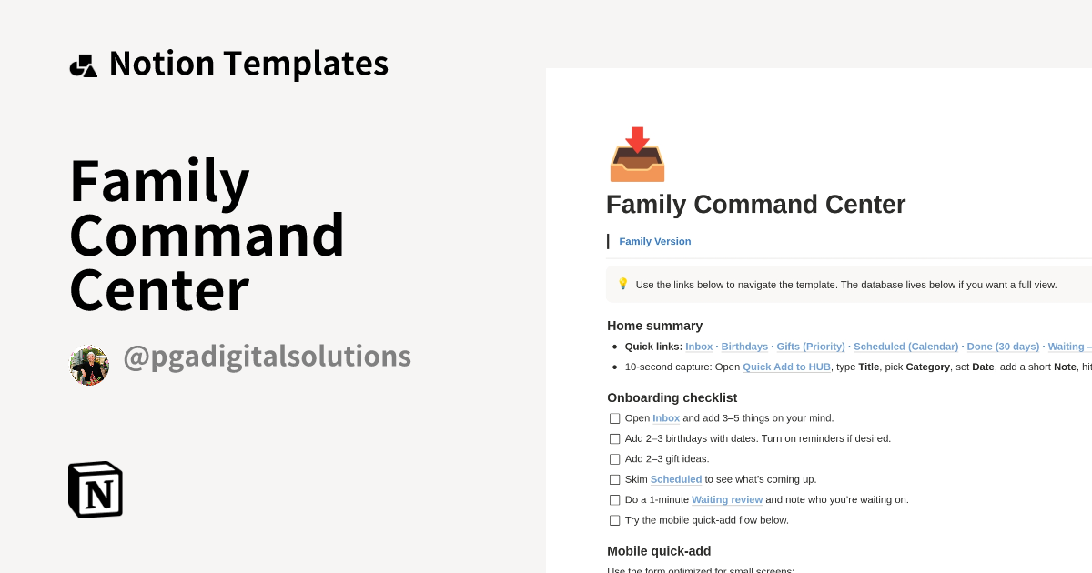 Family Command Center Template by PGA Digital Solutions | Notion ...