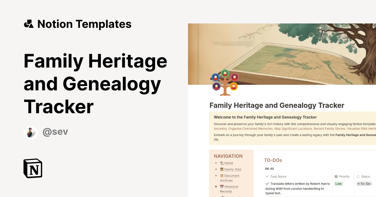 Family Heritage and Genealogy Tracker Template by Sev | Notion Marketplace