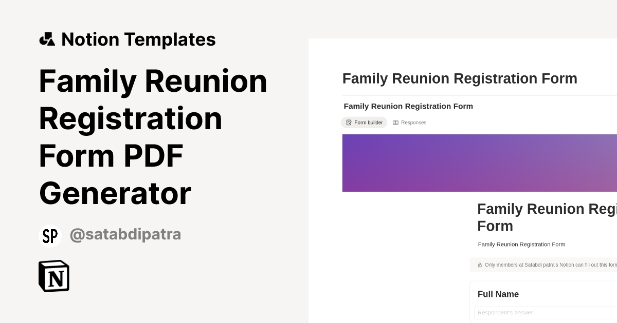 Family Reunion Registration Form PDF Generator Template by Satabdi ...