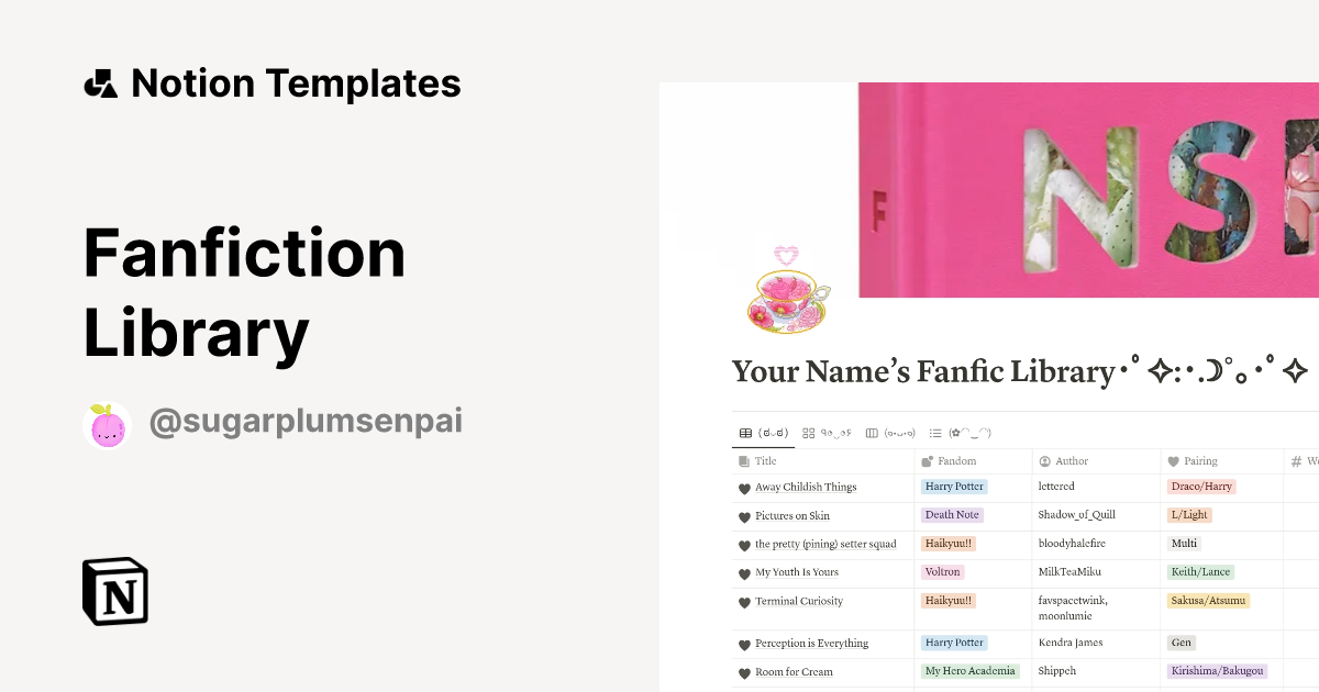 Fanfiction Library Template by SugarPlumSenpai | Notion Marketplace