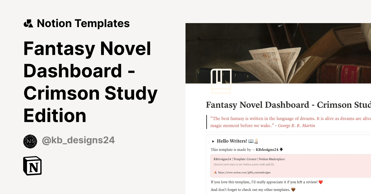Fantasy Novel Dashboard - Crimson Study Edition Template | Notion ...
