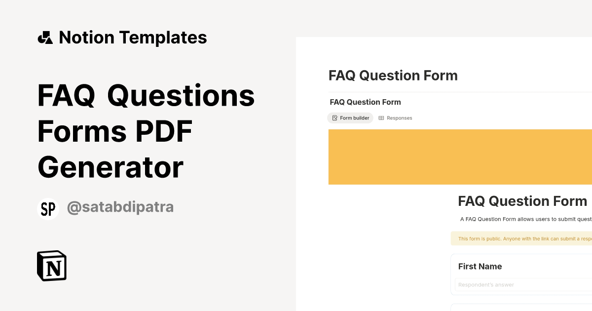 FAQ Questions Forms PDF Generator Template | Notion Marketplace