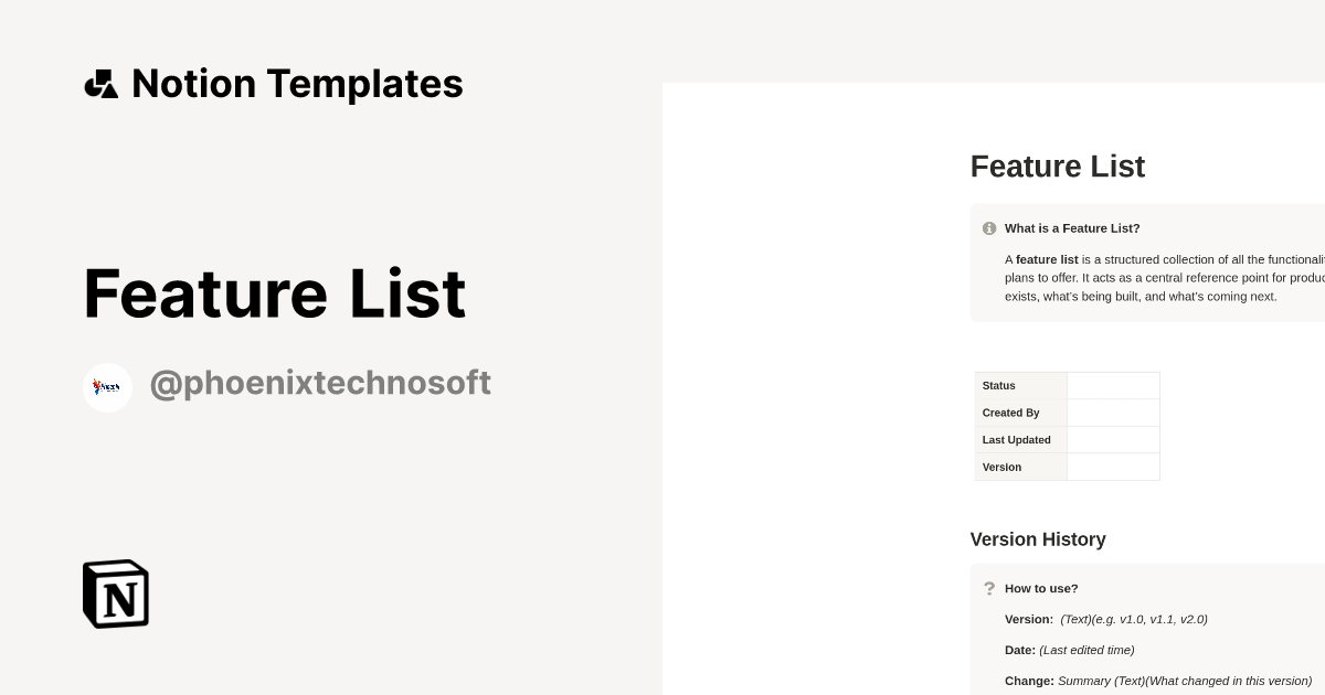Feature List Template by Phoenix Technosoft | Notion Marketplace