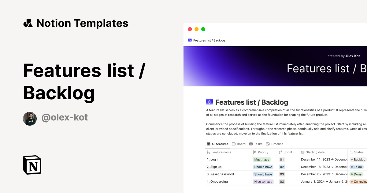 Features list / Backlog Template by Olex. Kot | Notion Marketplace