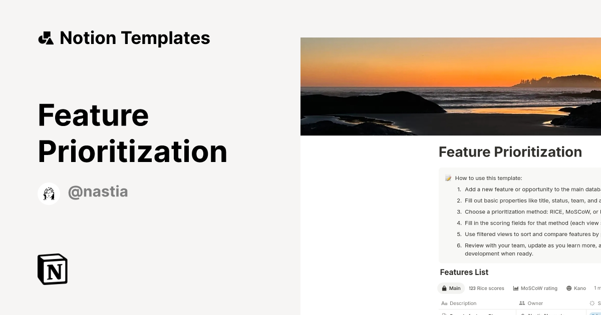 Feature Prioritization Template By Nastia Notion Marketplace