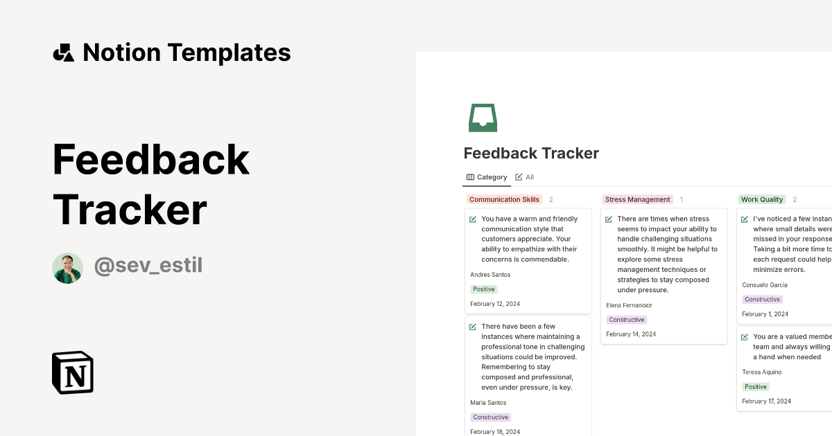 Feedback Tracker Template by Sev Estil | Notion Marketplace