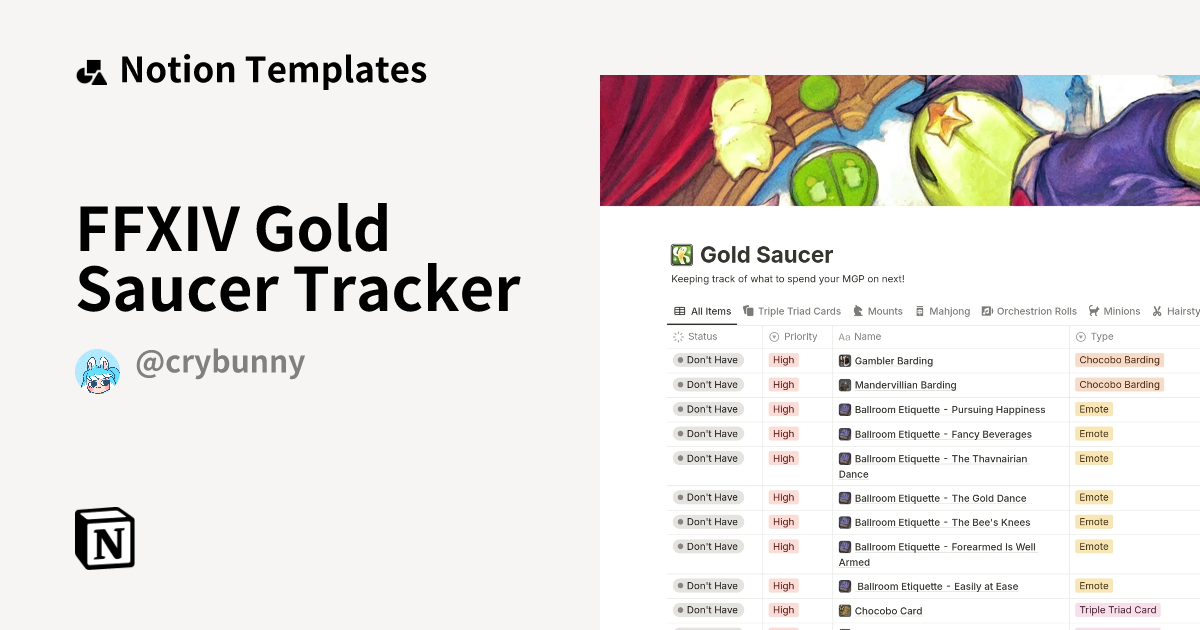 FFXIV Gold Saucer Tracker Template by Crybunny | Notion Marketplace