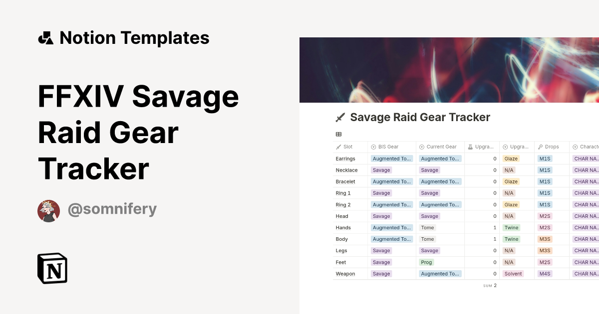 FFXIV Savage Raid Gear Tracker Template by somnifery | Notion Marketplace
