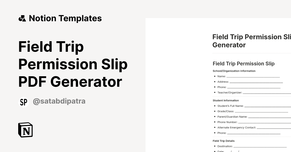 Field Trip Permission Slip PDF Generator Template by Satabdi Patra ...