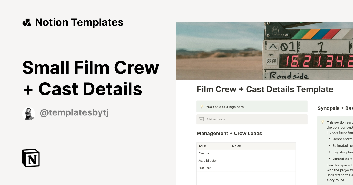 Small Film Crew + Cast Details Template by TJ Nealy | Notion Marketplace