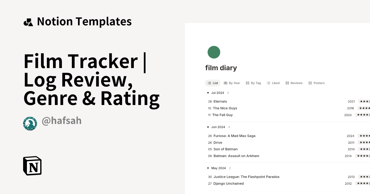 Film Tracker | Log Review, Genre & Rating Template by Hafsah I | Notion ...