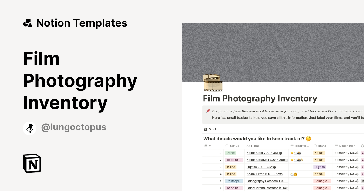 Film Photography Inventory Template by Claudia Aguirre | Notion Marketplace