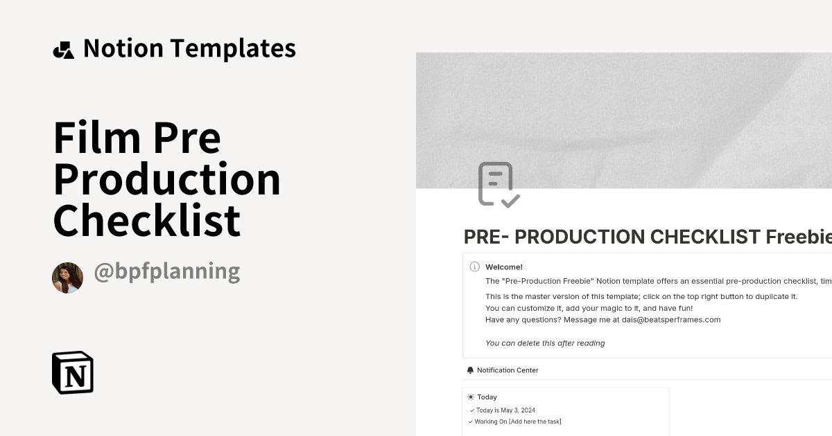 Film Pre Production Checklist Template | Notion Marketplace