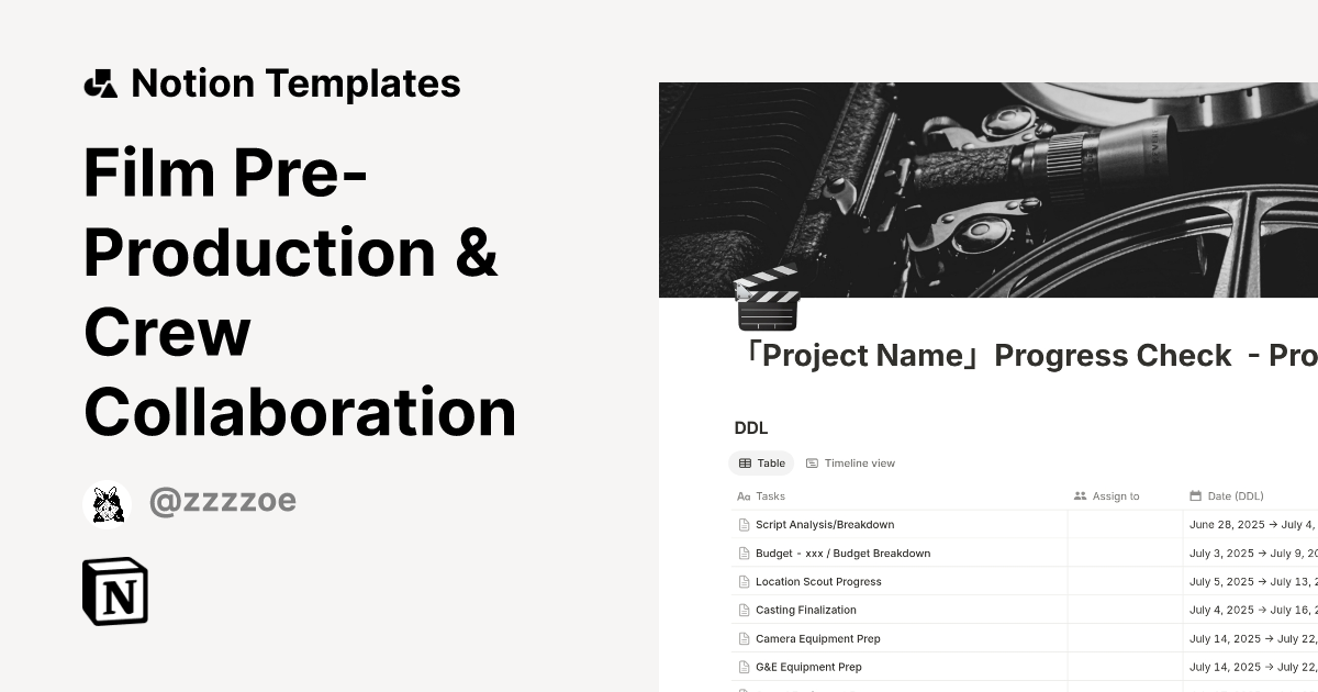 Film Pre-Production & Crew Collaboration Template by Zoe_Dundun | Notion Marketplace
