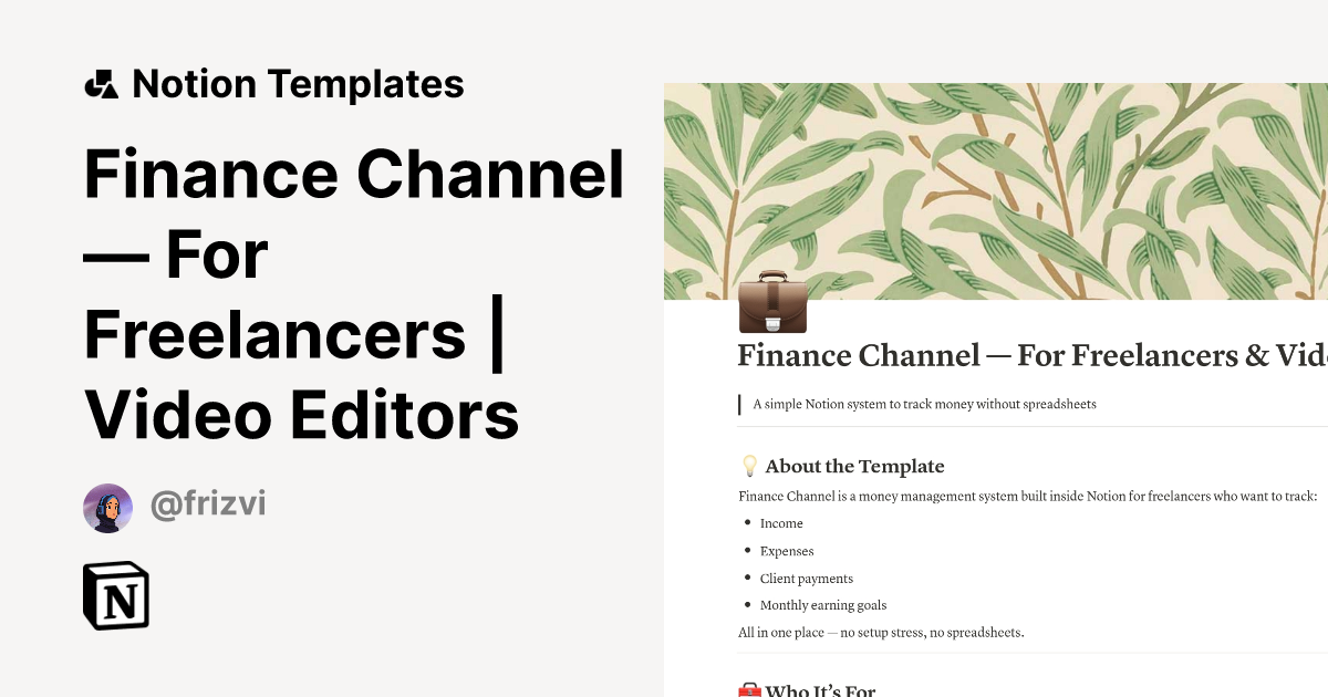 Finance Channel — For Freelancers | Video Editors Template | Notion ...