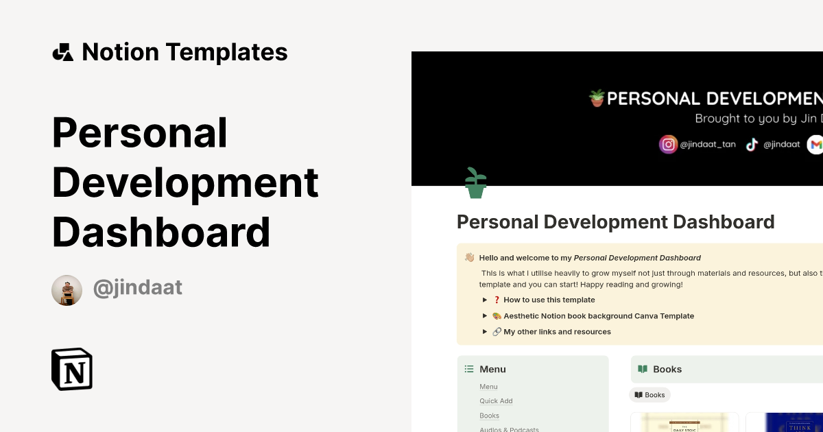 Personal Development Dashboard Template by jindaat | Notion Marketplace