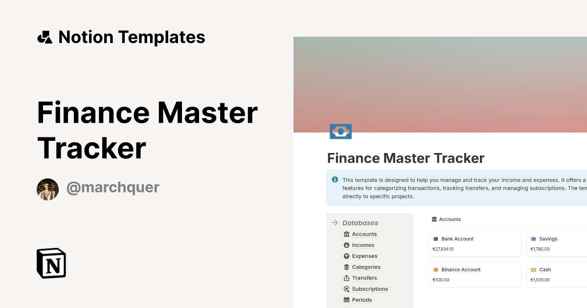 Finance Master Tracker Template by Marc Hernández | Notion Marketplace