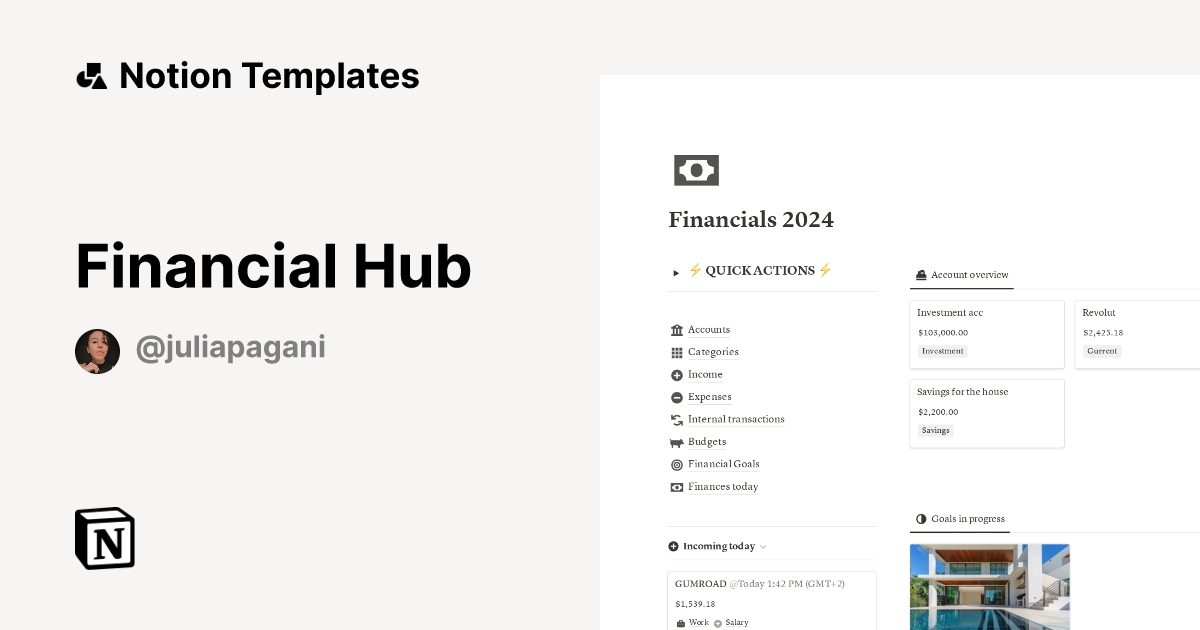 Financial Hub Template by Julia Pagani | Notion Marketplace