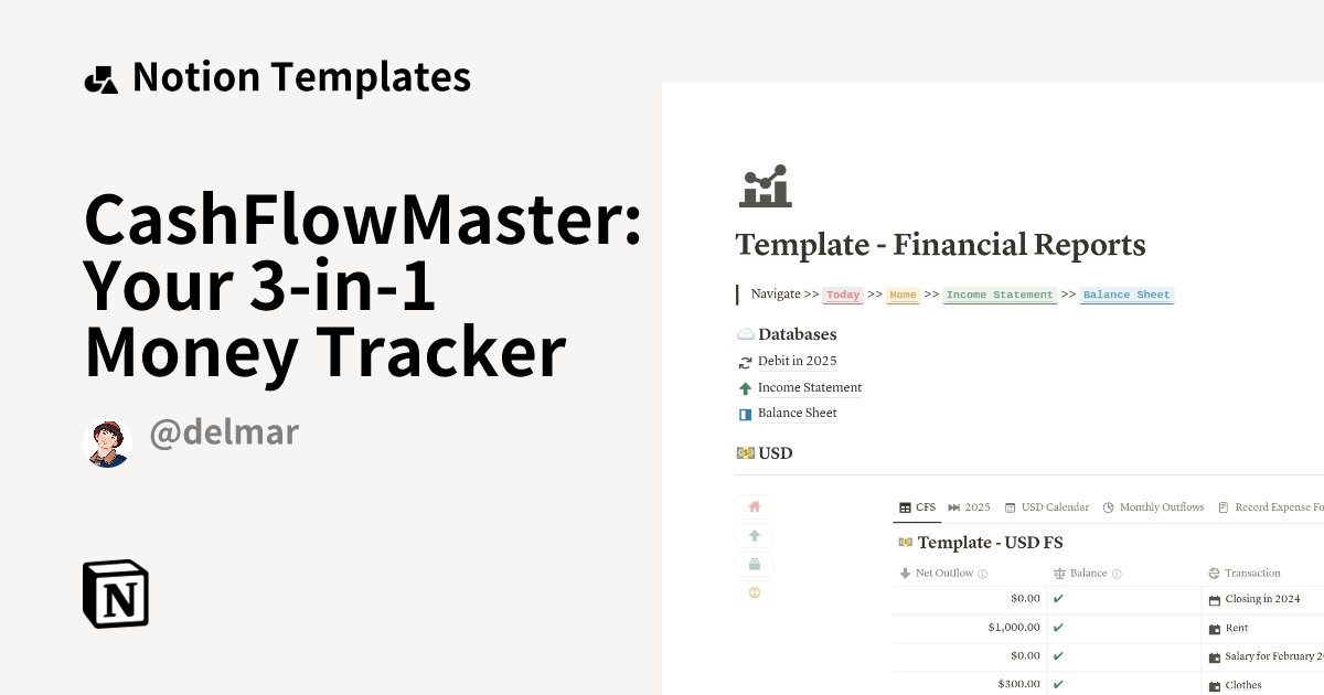 CashFlowMaster: Your 3-in-1 Money Tracker Template by Delmar | Notion ...