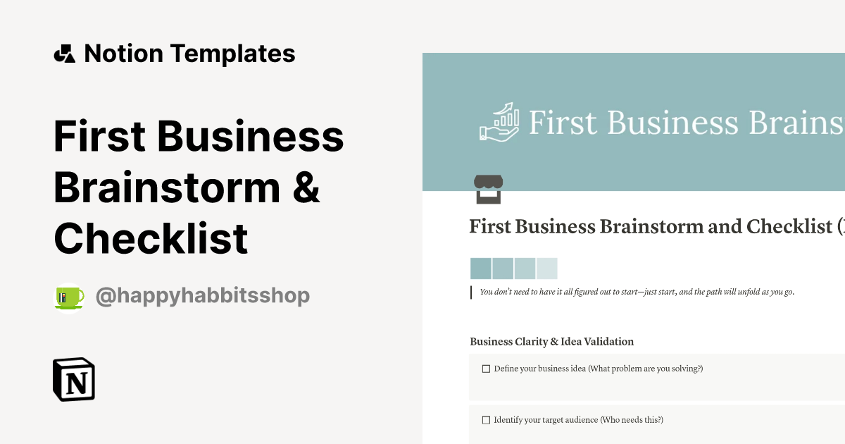 First Business Brainstorm & Checklist Template | Notion Marketplace