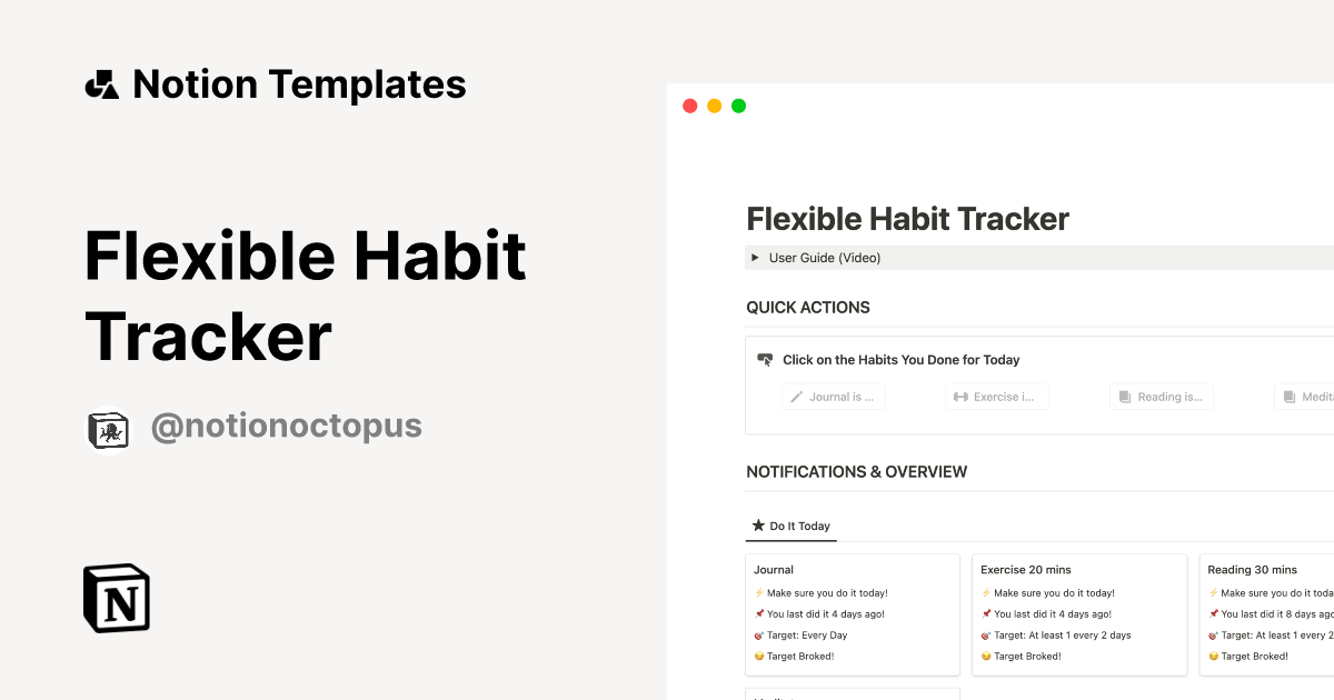 Flexible Habit Tracker Template by Notion Octopus | Notion Marketplace