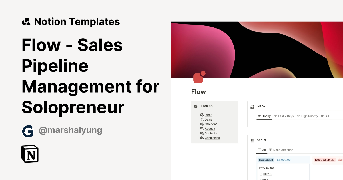 Flow - Sales Pipeline Management for Solopreneur Template by Marshal Yung | Notion Marketplace