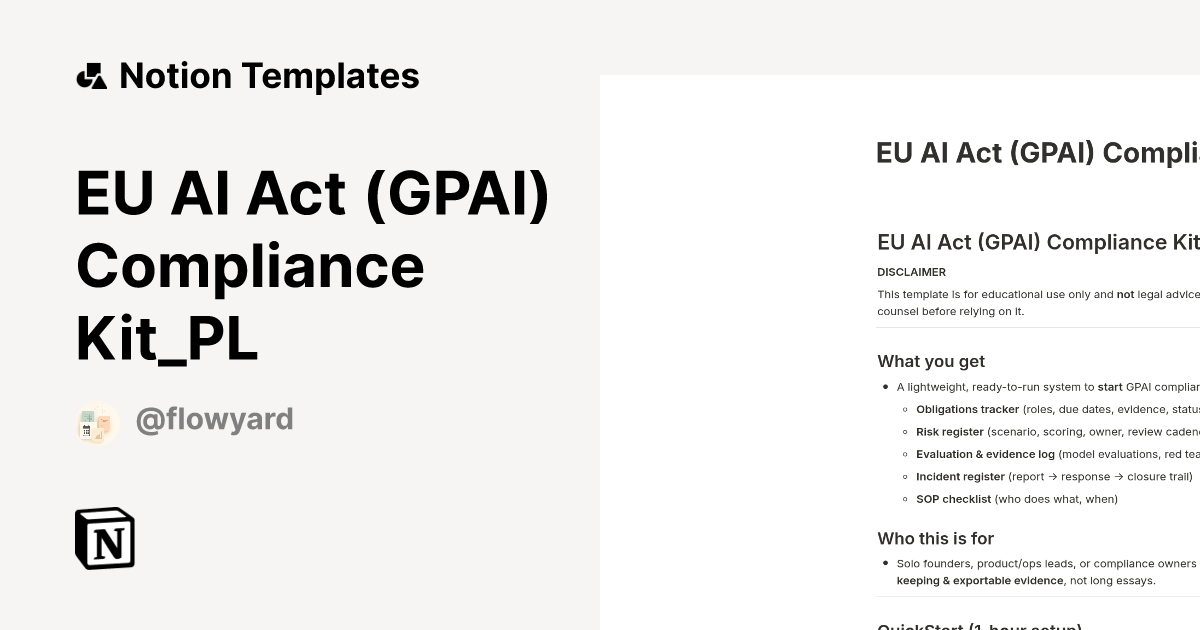 EU AI Act (GPAI) Compliance Kit_PL Template by Clarity Systems | Notion ...