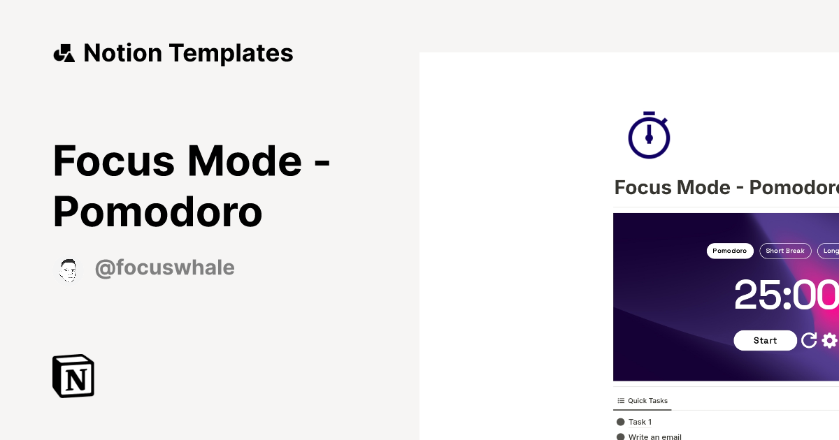 Focus Mode - Pomodoro Template by FocusWhale | Notion Marketplace