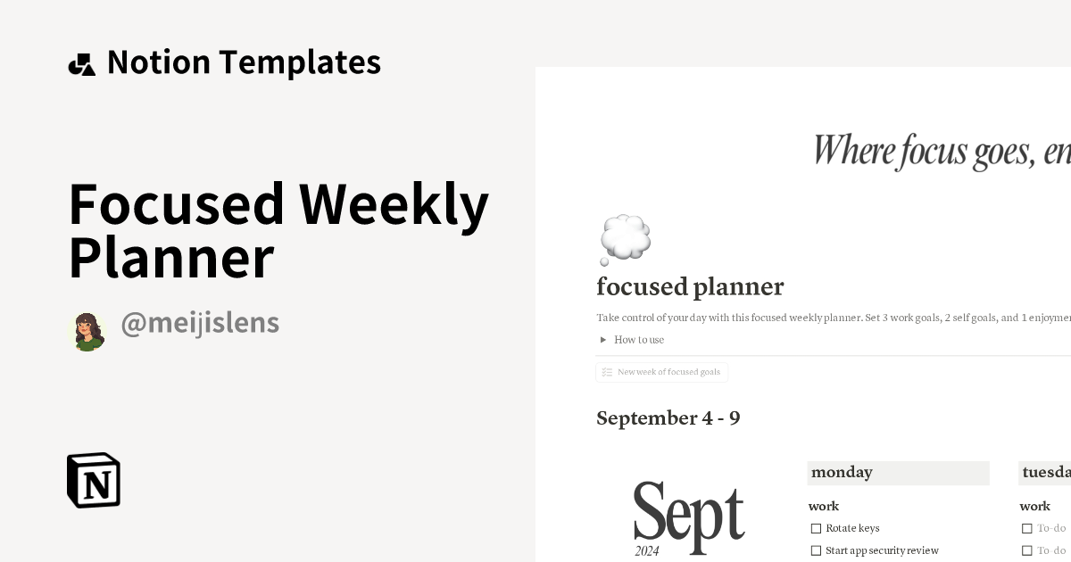 Focused Weekly Planner Template | Notion Marketplace