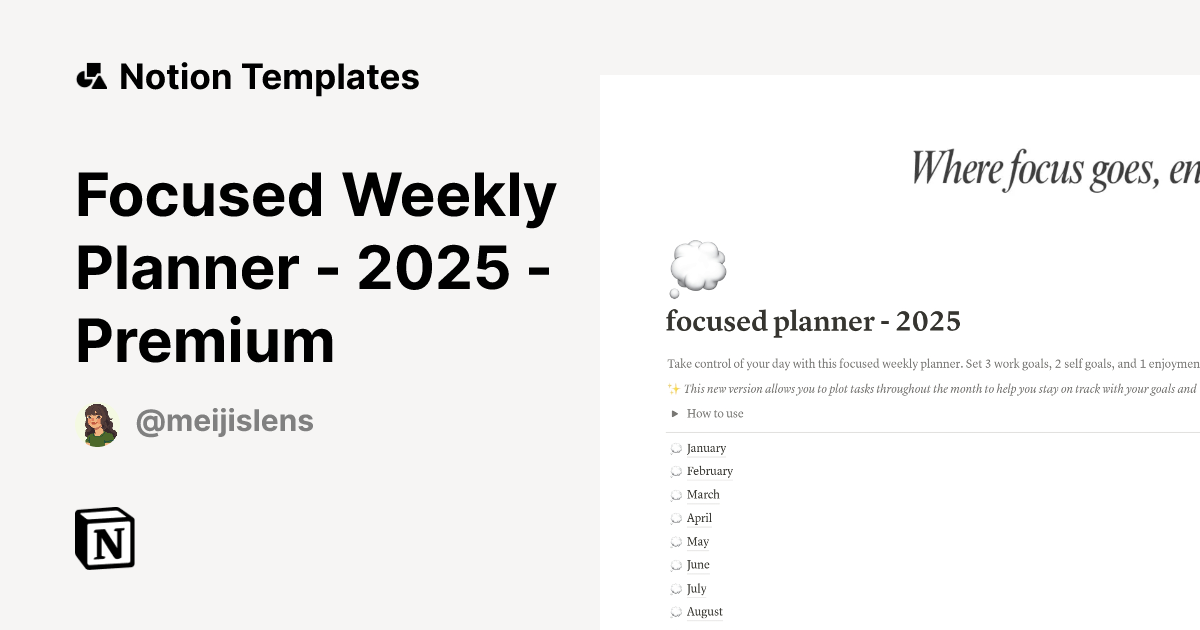 Focused Weekly Planner - 2025 - Premium Template by Meiji's Lens ...
