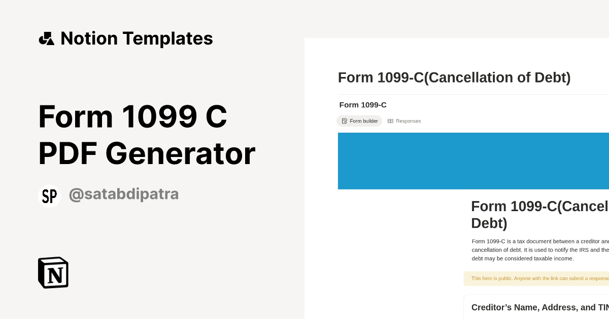 Form 1099 C PDF Generator Template | Notion Marketplace
