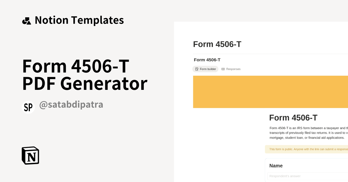 Form 4506-T PDF Generator Template by Satabdi Patra | Notion Marketplace