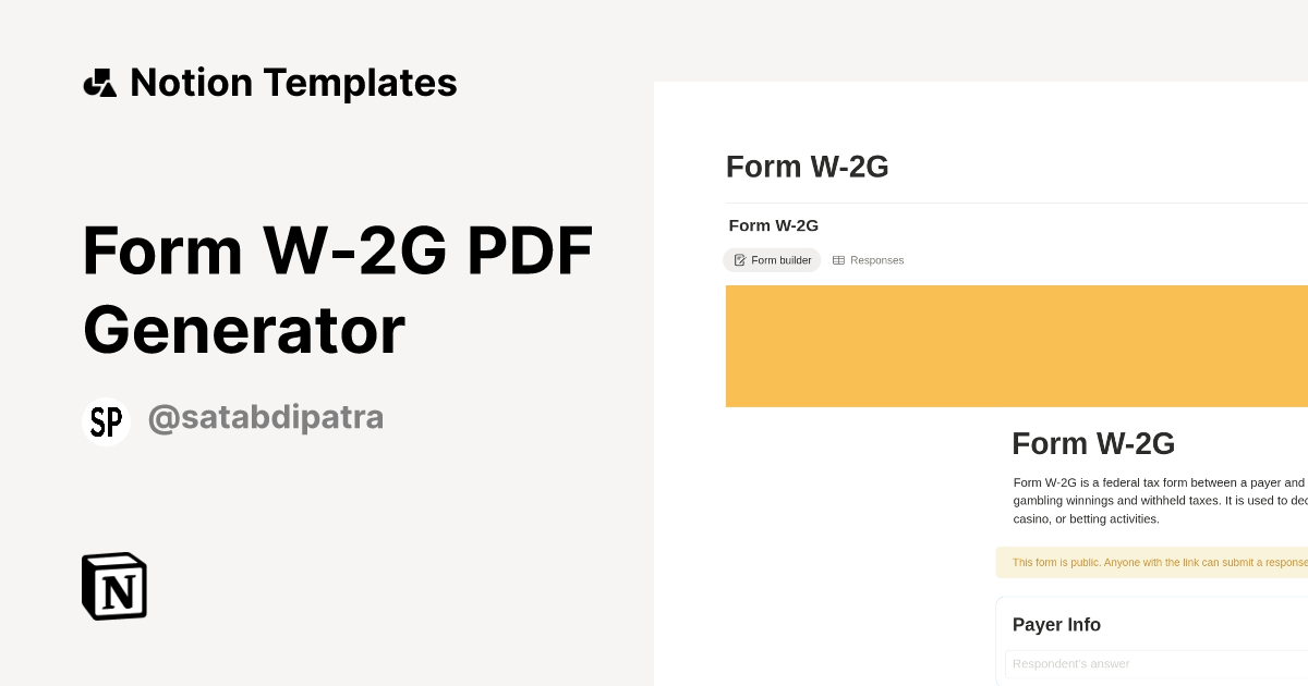 Form W-2G PDF Generator Template | Notion Marketplace