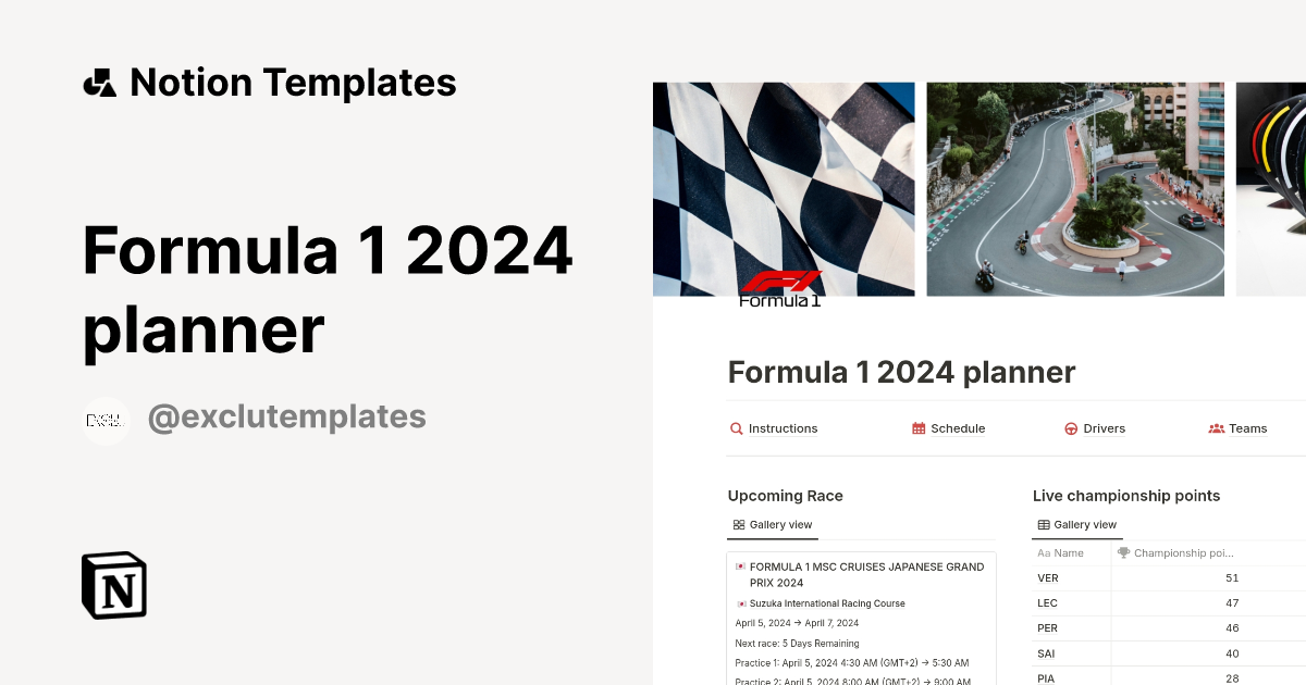 Formula 1 2024 planner Template by Exclutemplates | Notion Marketplace