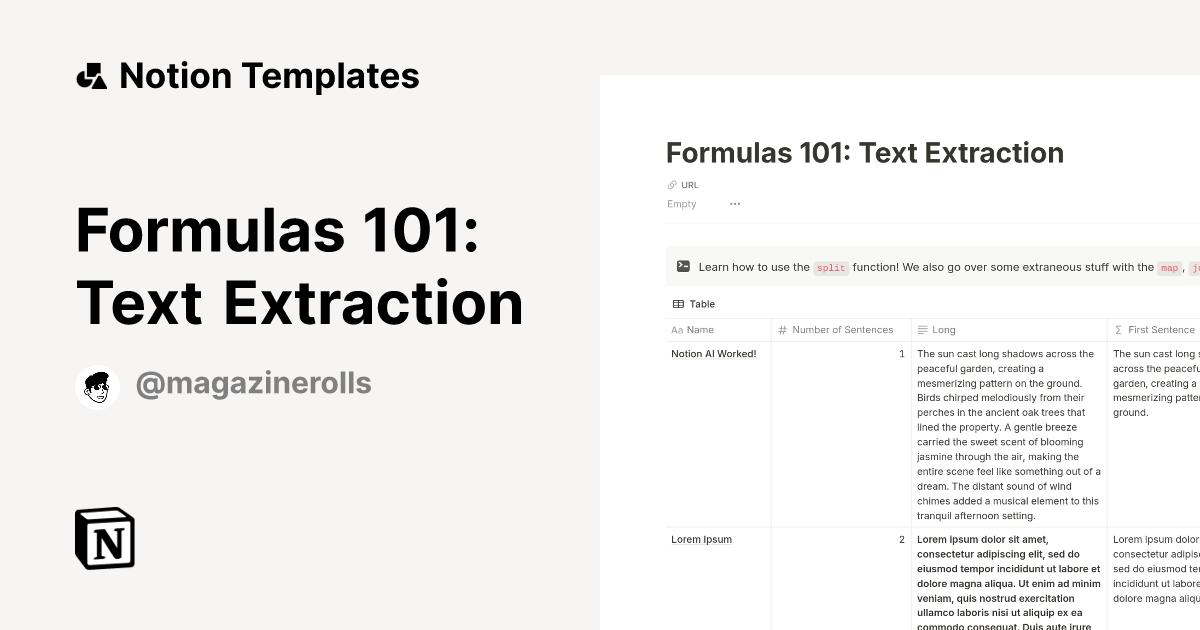 Formulas 101: Text Extraction Template | Notion Marketplace